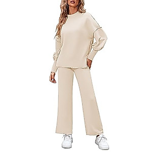 Linsery Womens Sweater and Pant Sets Batwing Sleeve Knitted Tops and Wide Leg Pants Comfy Set 2 Piece Knit Loungewear Tracksuit Apricot M