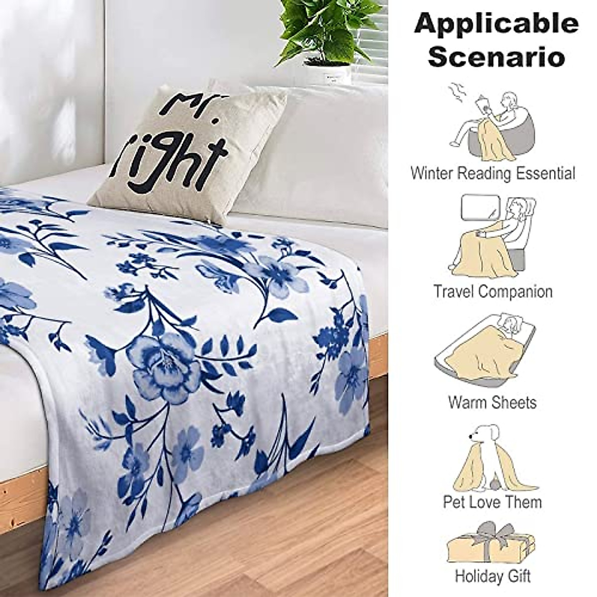 CHUWAN Throw Blanket Fuzzy Blanket Cozy Fleece Blanket Soft & Warm Fleece Flannel Pet Blanket Pet Throw Blue Rose 50"x60"