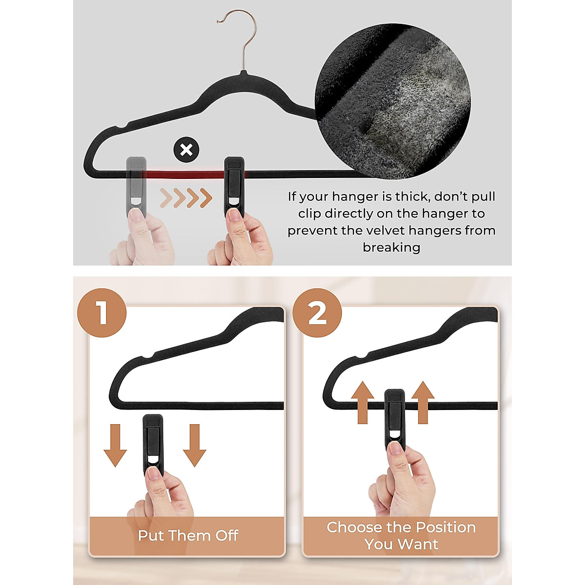 COZYMOOD Velvet Hanger Clips for Pants 24 Pack, Durable Clothes Hanger Clips for Velvet Hangers, Multi-Purpose Velvet Clips for Hangers, Black Velvet Hanger Clips for Baby Clothes