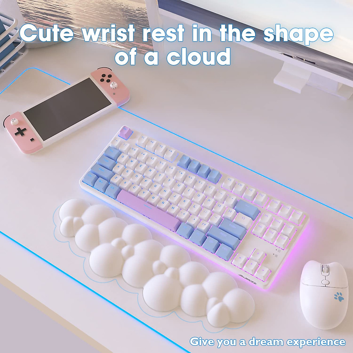 MANBASNAKE Keyboard Cloud Wrist Rest,PU High Density Memory Foam with Non-Slip Base for Typing Pain Relief,Ergonomic Keyboard Pad with Wrist Support for Home Office/Computer/Laptop/Gaming/Mac-White