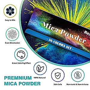 Resiners Mica Powder for Epoxy Resin, 36 Color Epoxy Resin Color Pigment, Cosmetic Grade Mica Powder for Soap Making, Candle Making, Lip Gloss, Art Crafts, Bath Bomb, Resin Supplies - 0.1oz(3g)/Bag