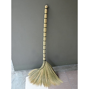 Handmade Asian Thai Broom Thick Natural Grass Brush & Handle Broomstick in Vintage Viet Whisk Straw Design