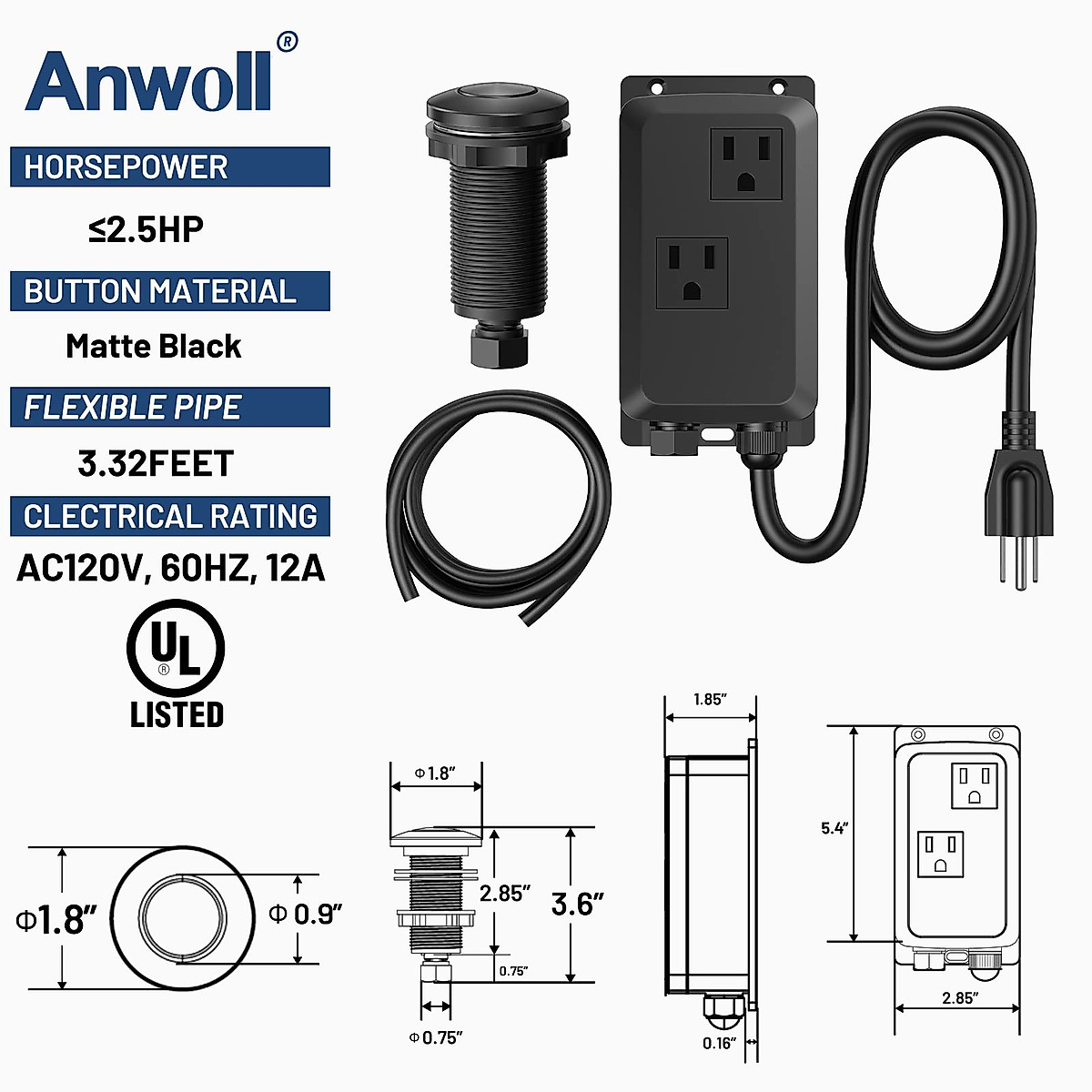 ANWOLL Garbage Disposal Air Switch Kit -Professional- Dual Outlet, Sink Top Waste Disposer On/Off, Garbage Disposal Button, Brass Made Cover, UL Listed