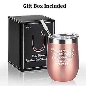 Sister in Law Gifts, A BADASS Sister in Law Wine Tumbler, Christmas Birthday Wedding Gifts for Sister in Law Women from Bride, 12 Oz Stainless Steel Insulated Wine Tumbler with Lid, Rose Gold