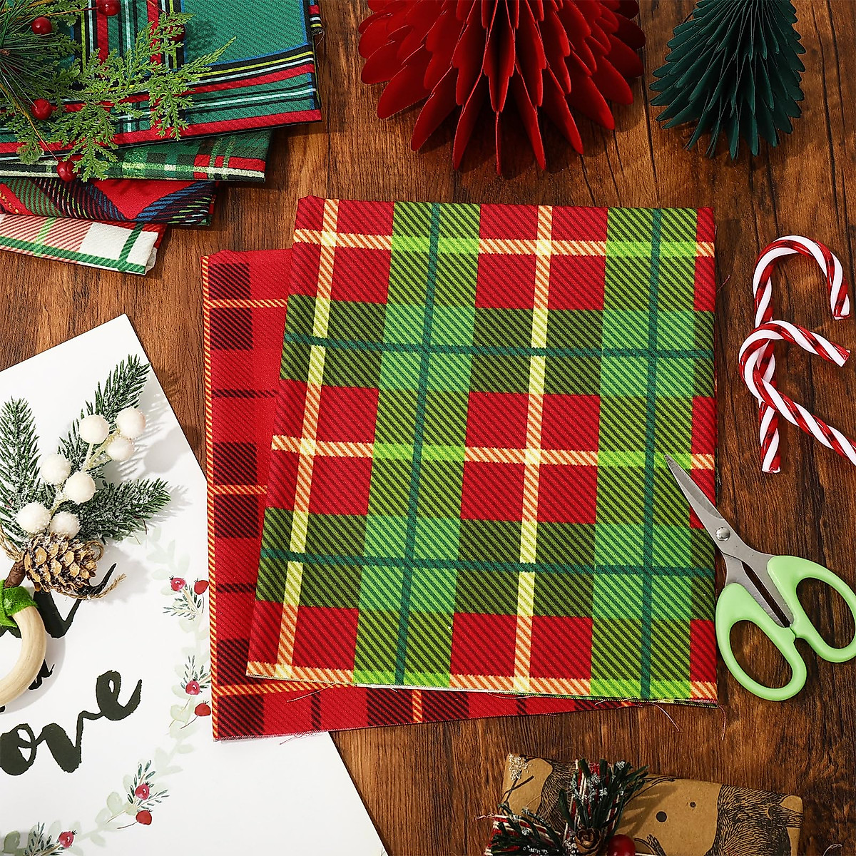 Whaline 12Pcs Christmas Cotton Fabric Bundles Buffalo Plaid Xmas Fat Quarters Red Green Checkered Printed Sewing Fabrics for DIY Handmade Crafting, 18 x 22 Inch