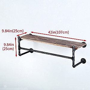 HAOVON Industrial Pipe Clothing Rack Wall Mounted Wood Shelf,Pipe Shelving Floating Shelves,Retail Garment Rack Display Rack Clothes Racks(1 Tier,42in)