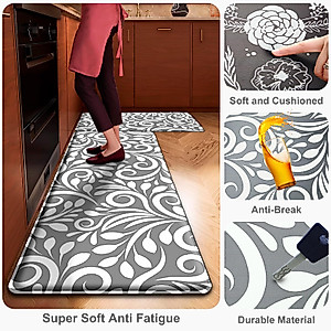 Wiabsi Anti Fatigue Kitchen Mats for Floor 2 Piece Set, [ 0.47'' Thick Heavy Duty] Cushioned Kitchen Rug Set, Waterproof Non-Slip Standing Kitchen Mat Runner Rugs for Desk Sink Laundry -Leaves