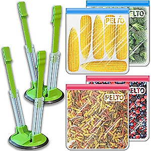 Baggy Rack (2-Pack) Ziplock Bag Holder Stand + Reusable 1 Gallon Freezer Bags (4-Pack) - Hands-Free Food Storage Bag Rack for all Size Food Prep Sandwich Bags + 4 Thick PEVA / Silicone Freezer Baggies