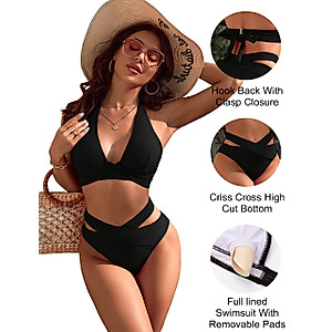 Blooming Jelly Womens High Waisted Bikini Sets Cheeky High Cut Two Piece Swimsuit Cute Sexy Halter Push Up Bathing Suits (X-Large, Black)