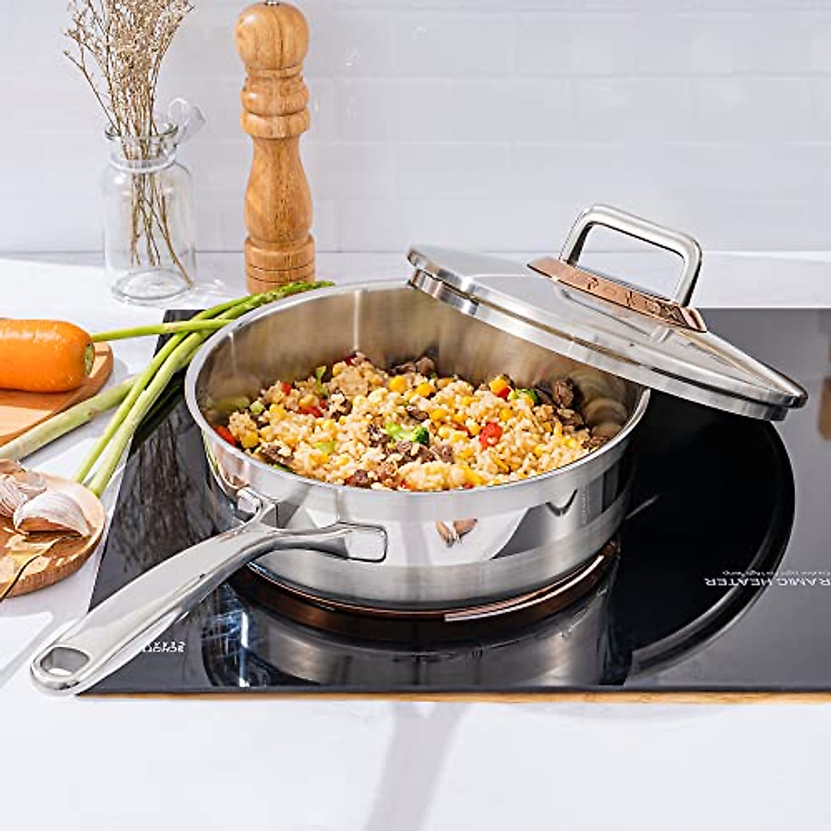 RD ROYDX Stainless Steel Deep Saute Pan With lid Copper Core 10 Inch Tri-ply Impact-bonded Base Technology Frying Pans for Cooking