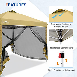 EAGLE PEAK 10x10 Outdoor Easy Pop up Canopy with Netting, Instant Screen Party Tent with Mesh Side Walls, Beige
