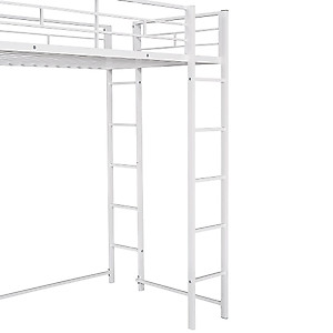 Merax Twin Size Metal Loft Bed with Built-in Desk, 2 MDF Shelves, Full-Length Guardrail and Ladder, Twin Size High Loft Bed, White