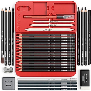 Arteza Drawing Set for Adults, Set of 33 Artist Sketching Tools, 20 Graphite & 4 Charcoal Sketch Pencils, 1 Fineliner, 3 Blenders, 1 Sharpener, 3 Erasers & 1 Hobby Knife, Art Supplies for Drawing