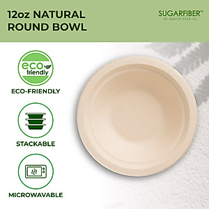 [50 Count] Harvest Pack PFAS Free 12oz Round Paper Bowls - Compostable Heavy-Duty Eco-Friendly Disposable Bagasse Bowls Sugarcane Natural Plant fibers for Meal Prep Takeout Dinnerware