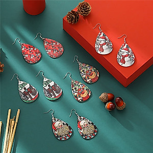 9 Pairs Christmas Earrings for Women, Lightweight Faux Leather Earrings Set Teardrop Dangle Xmas Earrings Christmas Trees Santa Snowflakes Earrings Christmas