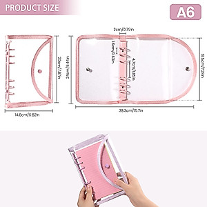 NEWEST 2 Pieces Clear PVC A6 Refillable Binder Covers, Shiny 6-Ring Personal Notebook Shell, Round Ring Binder Pocket with Snap Button Lock for Filler Organizer Planner Journal Album, Pink & Purple