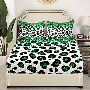 Feelyou Leopard Bed Sheet Set Cheetah Bedding Set Glitter Pattern Fitted Sheet Green Pastel Flat Sheet for Kids Boys Girls Adults (No Glitter) 4Pcs with 2 Pillow Case Full Size