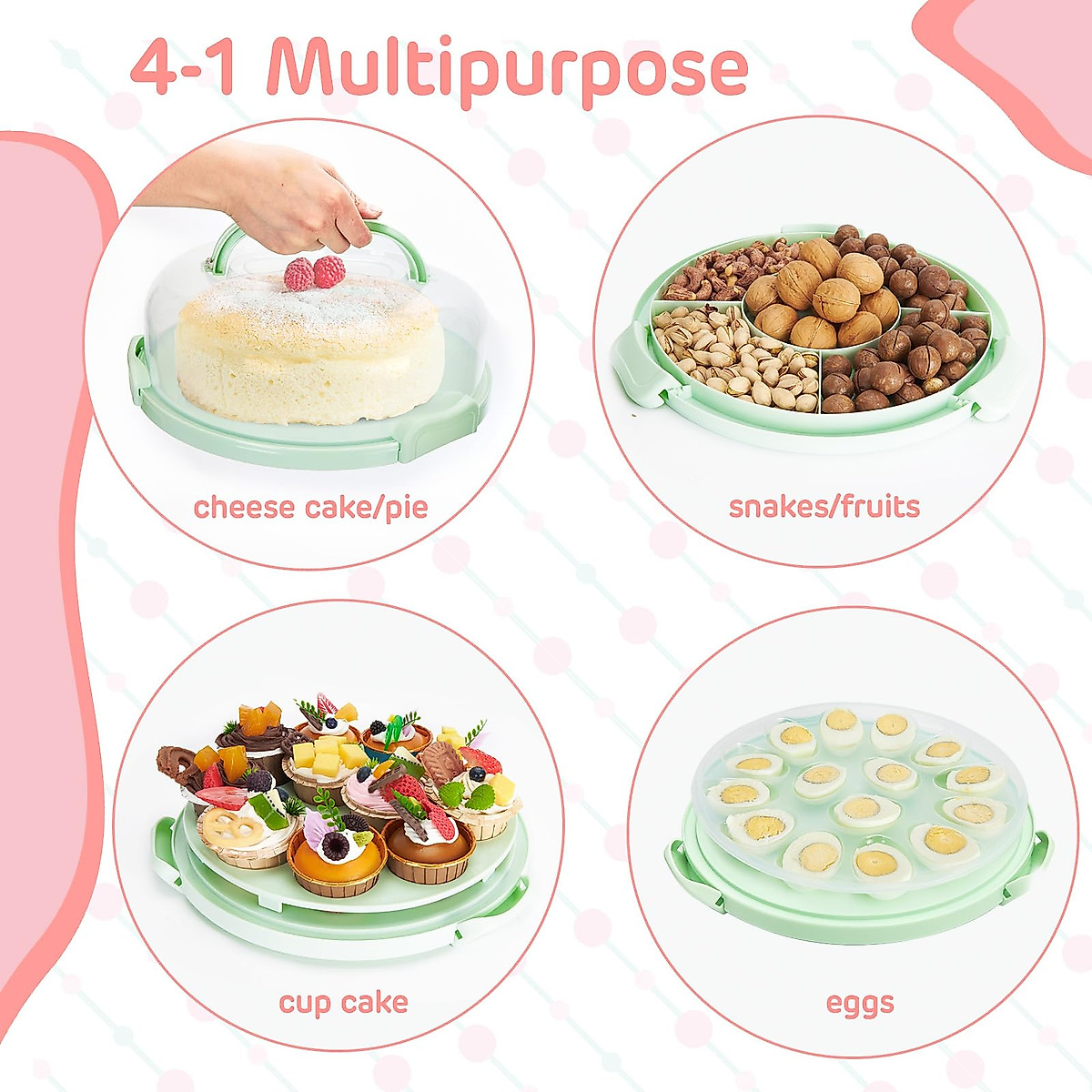 Ohuhu Cheesecake Container, Cake Pie Carrier BPA-Free up to 10'' Cake - Cupcake Containers with Lid and 2 Handles 4-in-1 Multipurpose Cake Keeper Holder Platter for Pie Devil Eggs Mothers Day Gifts