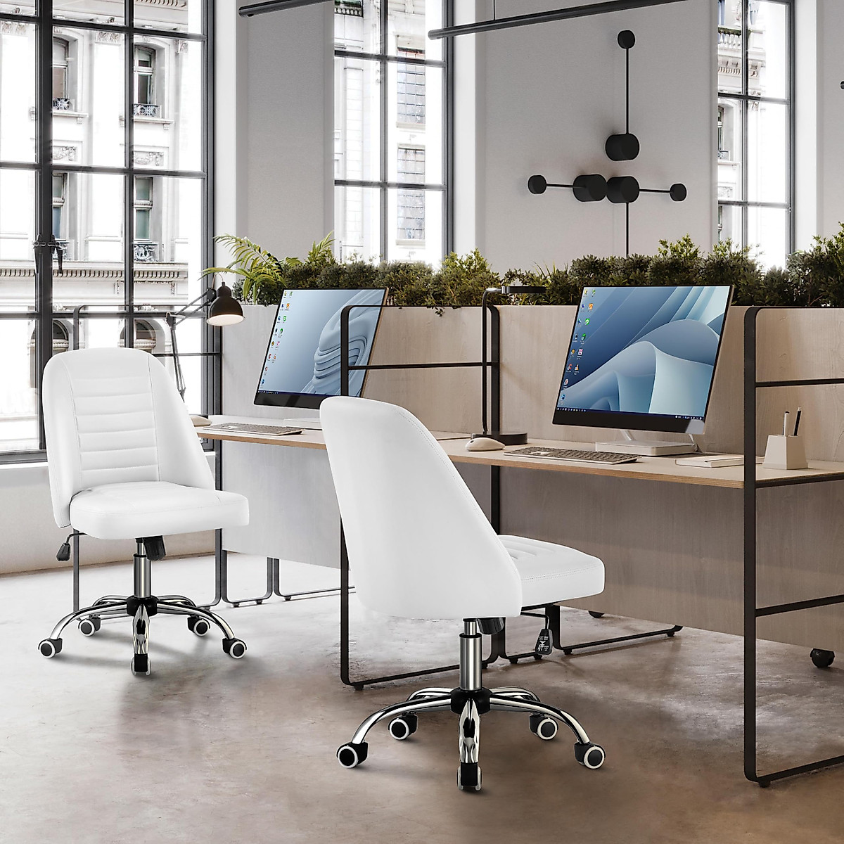 Yaheetech PU Leather Armless Office Chair, Mid Back Desk Chair, Computer Task Chair, Modern Vanity Chair with Rolling Wheels, Metal Base White