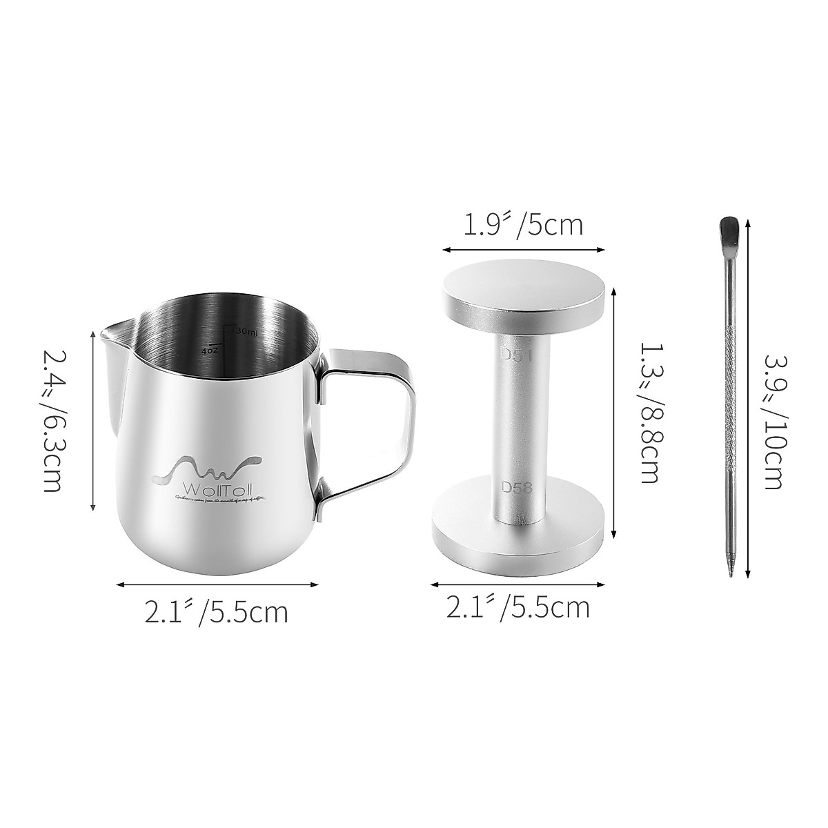 MMtong Coffee Tamper, Espresso Tamper Set 51/58mm for Espresso Barista，Aluminum Tamper Press plus Free 5oz/150ml Milk Frothing Pitcher with Art Pen, Silver