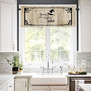 Seven Roses Don't Be a Magic Witch Halloween Lace Farmhouse Short Window Curtain Valances, Retro Beige Backdrop Rod Pocket Kitchen Valances for Living Room Bedroom Bathroom Cafe, 1 Panel - 54" x 18"