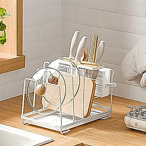 SUNFICON Pot Pan Lid Organizer Cutting Board Rack 8 Slots Knife Block Holder Cutlery Holder Kitchenware Storage Drying Rack Multifunctional Kitchen Pantry Cabinet Countertop Stand w Drip Tray White