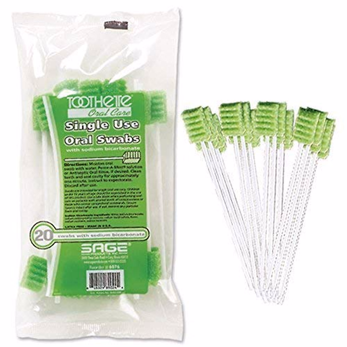 Stryker – Sage Toothette Plus Single Use Oral Swabs – With Sodium Bicarbonate – 1,000 Swabs (50 bags of 20) – Disposable dental swabs with long handle