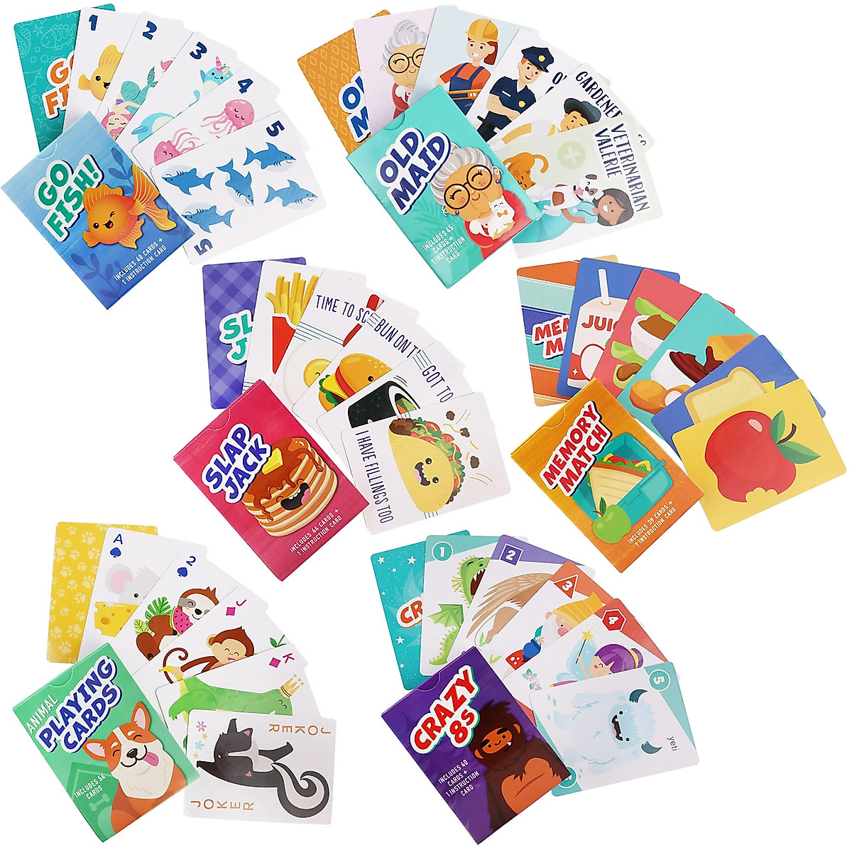 LotFancy Card Games for Kids, 6 Decks, Go Fish, Old Maid, Crazy Eights, Memory Match, Slap Jack, Animal Playing Cards, Easter Basket Stuffers, Stocking Stuffers