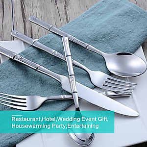 Flatasy Silverware Set Silver Bamboo Handle Flatware Stainless Steel Heavy Cutlery Set 20 Pieces Mirror Polished Spoons Forks and Knives Service for 4