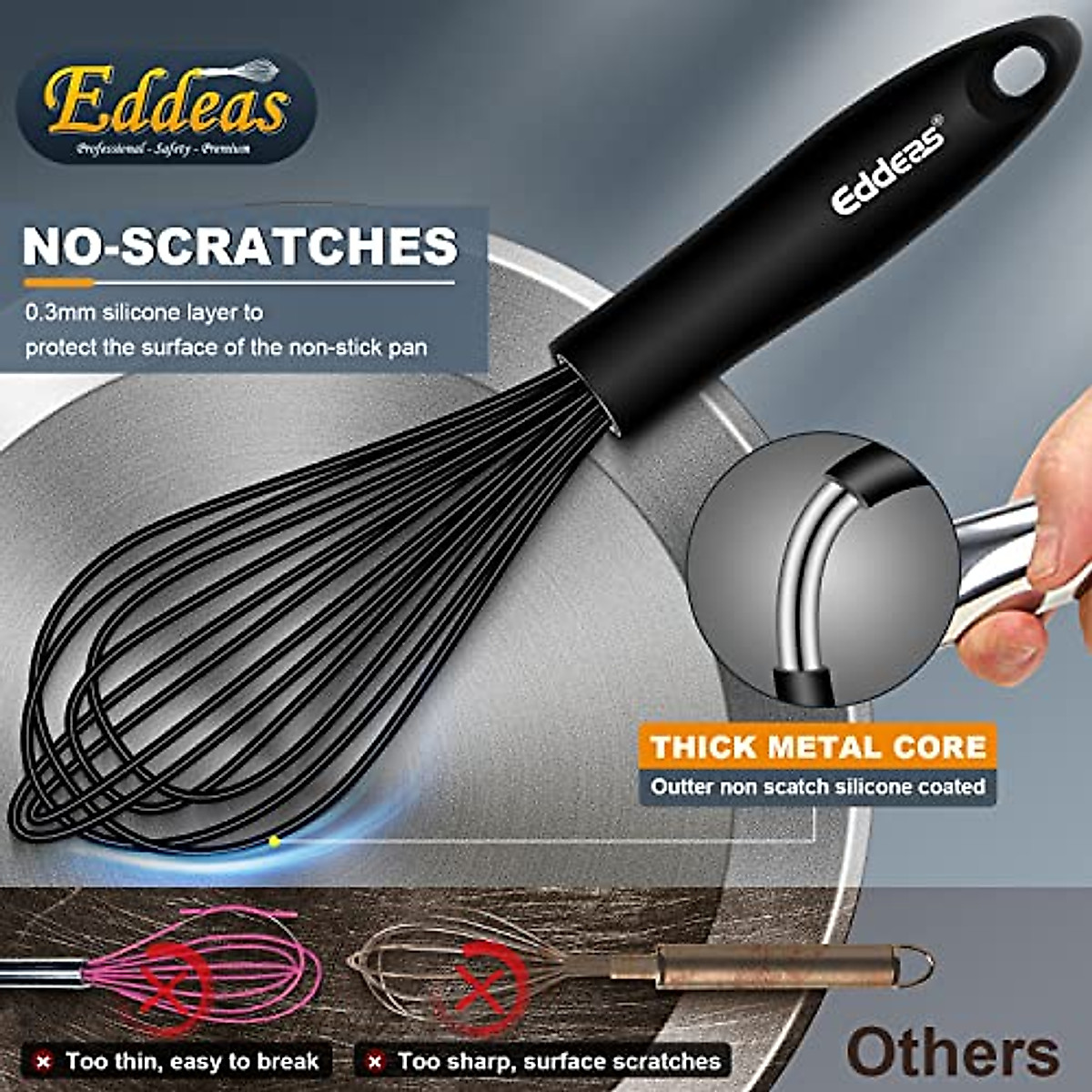 Silicone Whisk, Eddeas Stainless Steel & Silicone Non-Stick Coated Whisks set of 3--Heat Resistant Kitchen Whisks, Balloon Egg Beater Perfect for Blending, Whisking, Beating & Stirring, Black