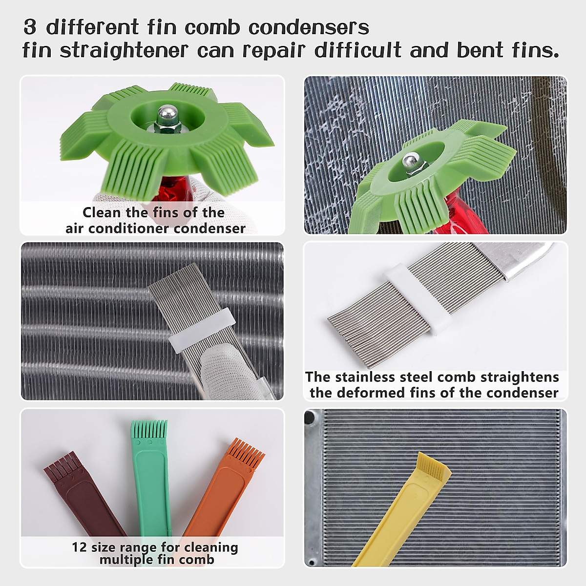 Jakaphoric 6 Pcs Air Conditioner Fin Comb Cleaner Set, Ac Fin Comb Straightener Tool, Radiator Comb for a/c Unit,Ac Coil Cleaner Kit Brush for Evaporator Radiator Repair Clean Tool