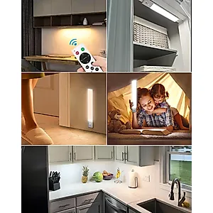 LAJOSO 64 LED Under Cabinet Lights Motion Sensor, 3 Color Kitchen Counter Lighting Wireless, Rechargeable Closet Lights Remote, Dimmable Night Light for Shelf Pantry Stair Hallway 3Pack