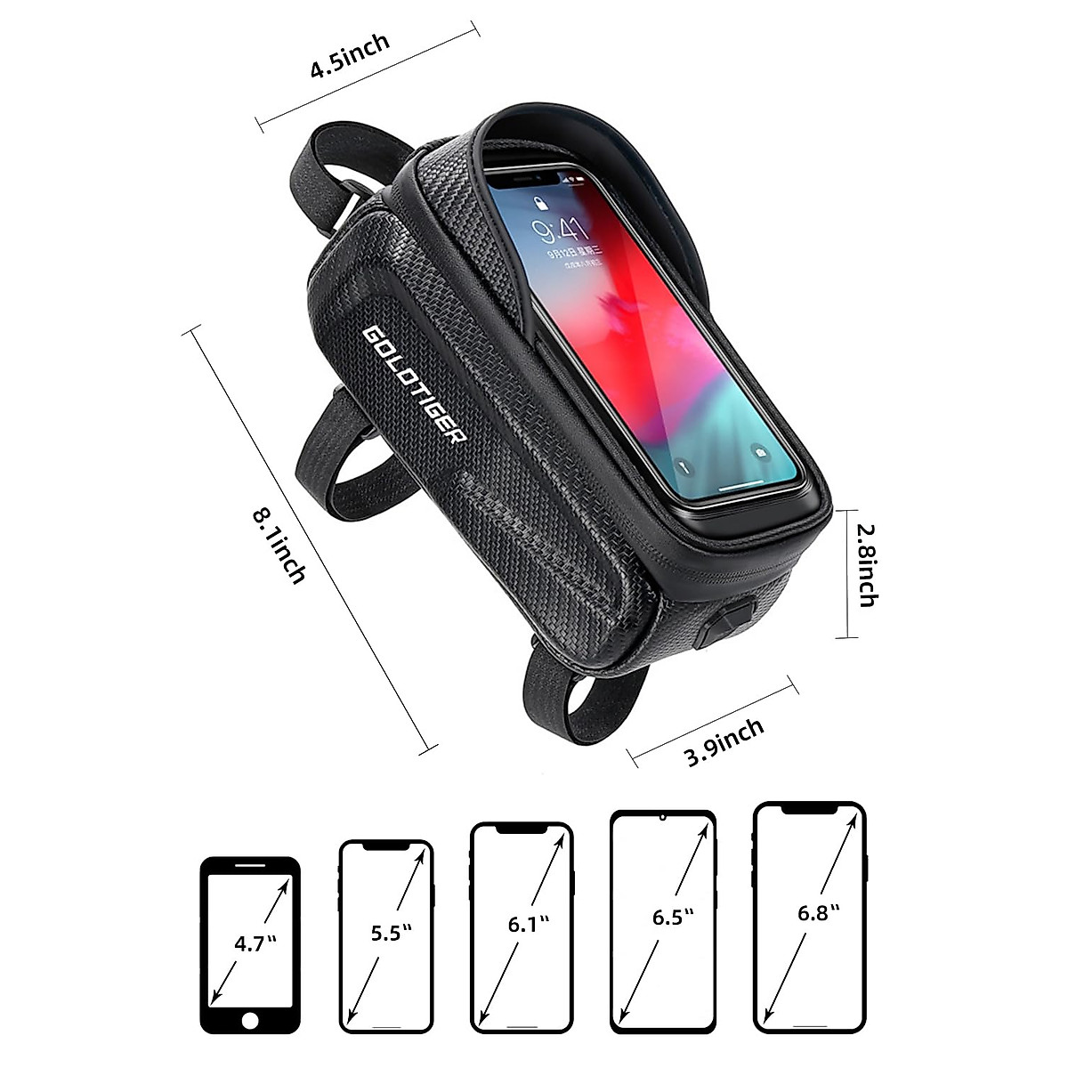 GoldTiger Bike Accessories EVA Hard Shell Bike Frame Bag - Waterproof Mountain Bike Front Top Tube Bag for Phones up to 6.8" with Rain Cover (Top Tube Bag)