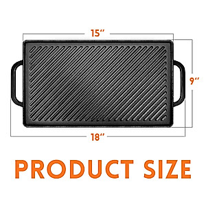 GGC Cast Iron Reversible Griddle, Double-sided Griddle Pan for Indoor and Outdoor Cooking, 15 x 9 Griddle Plate with Flat and Ribbed Side for Stove Tops, Gas Grills and Camping