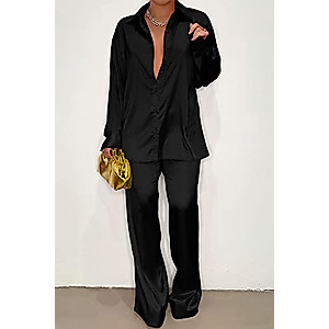 PRETTYGARDEN Women's 2 Piece Satin Outfits Long Sleeve Button Down Tops Wide Leg Pants Silk Loungewear Pajama Sets (Black,Medium)