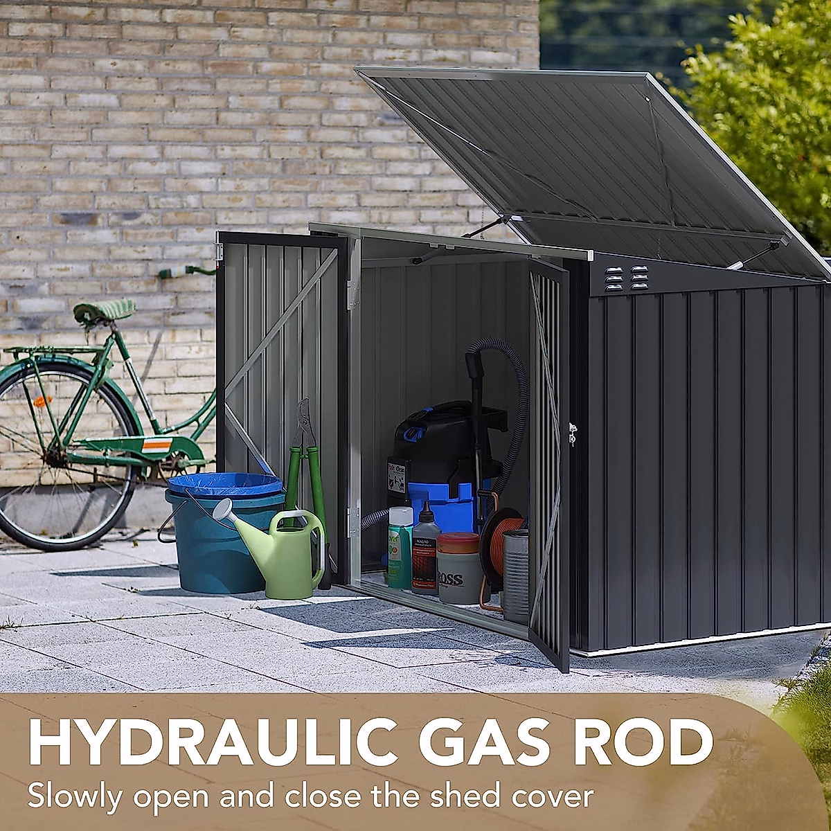 Devoko Outdoor Storage Shed 5.8 x 3.3 FT Metal Trash Shed Waterproof Outside Storage with Lid Chain Hydraulic Gas Rod for Trash Can Weeding Tools
