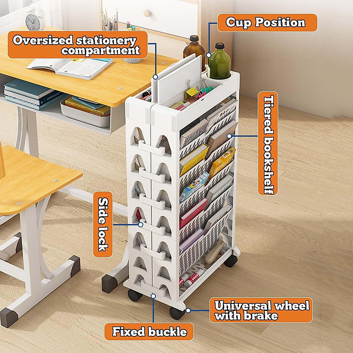 Atkits Utility Cart Organizer Mobile Bookshelf Cart Rolling 6 Tier Movable Bookshelf Cart Desk Side Cart for Office Dorm Classroom,White