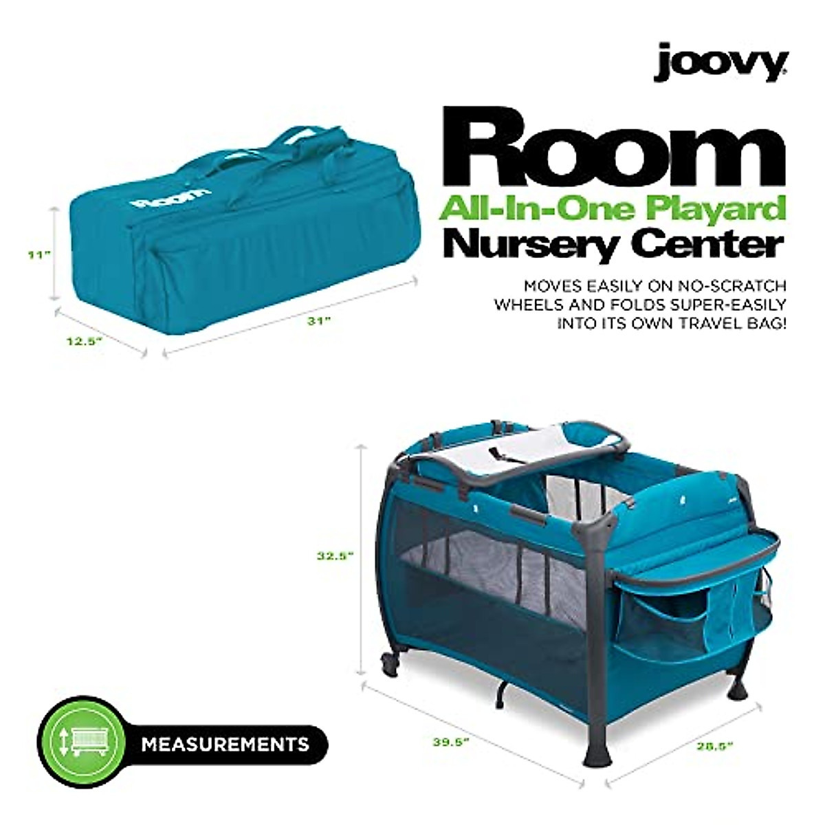 Joovy Room-Playard, Nursery Center, Bassinet, Changing-Table, Turquoise