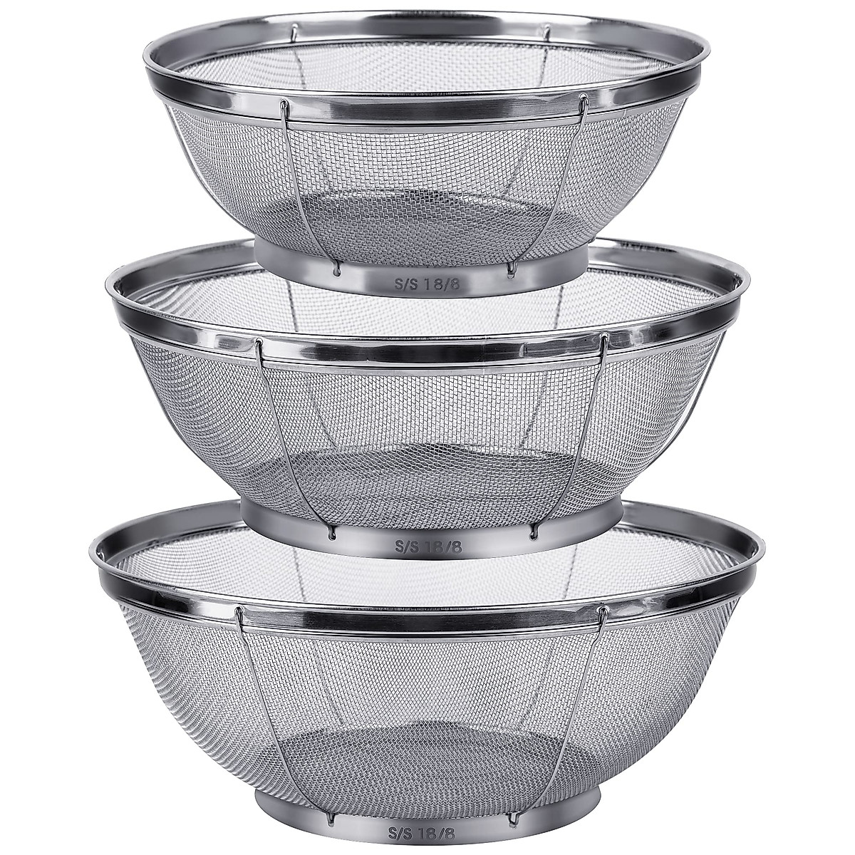 3 Pack Strainers for Kitchen, 18/8 Stainless Steel Colander, Fine Mesh Strainer for Pasta, Rice and Fruit, Sieve for Strain, Drain, Rinse or Steam (5-Quart, 4-Quart and 3-Quart)