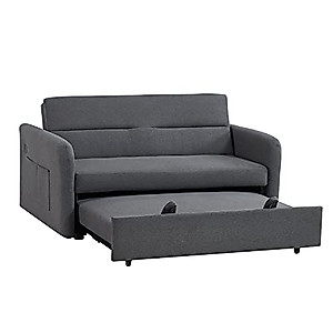 FIQHOME 55.5" USB Ports and Side Pockets,3 in 1 Multi-Functional Convertible Sleeper 2 Lumbar Pillows,Loveseat Sofa with Pull Out Bed,for Living Room, Apartment(Grey)