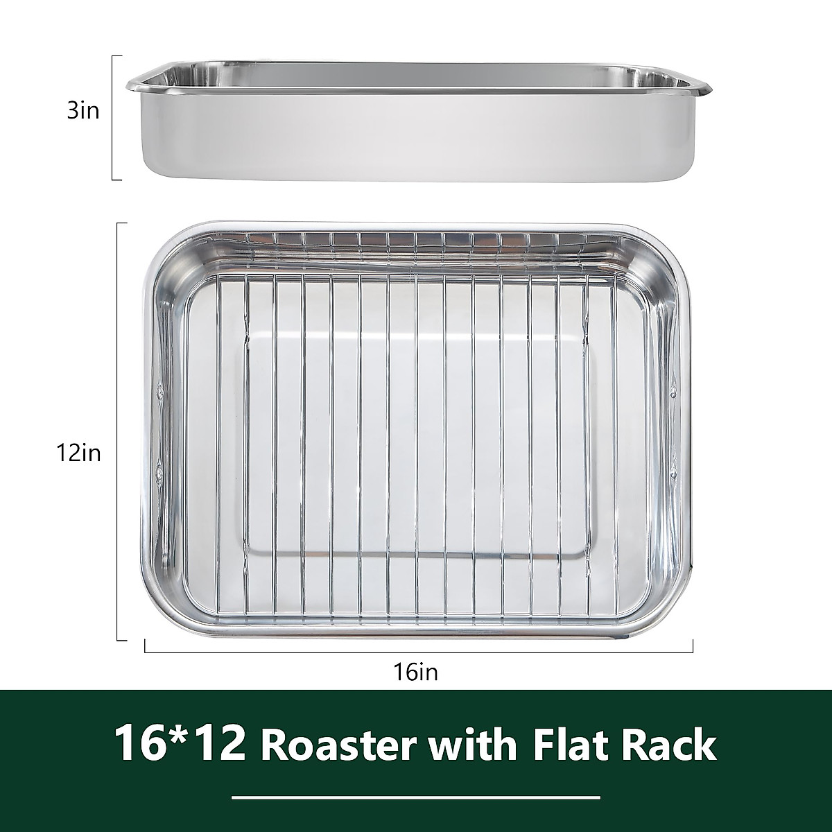 Stainless Steel Roaster with Flat Rack & Parchment Paper, 16.2 x 12.2 x 3 inches - Ideal Roasting Pan for Whole Turkey, Roasts, or Multiple Sides