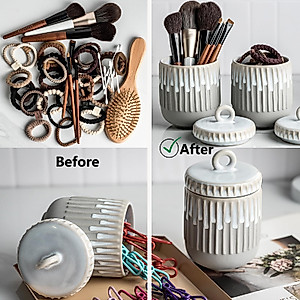 MISSYSSIM Qtip Holder Dispenser Bathroom Canisters Jar with Lid - 14 oz Ceramic Apothecary Canister for Cotton Ball Swabs Round Pads Floss Bath Salts Candy Vanity Makeup Organizer Storage