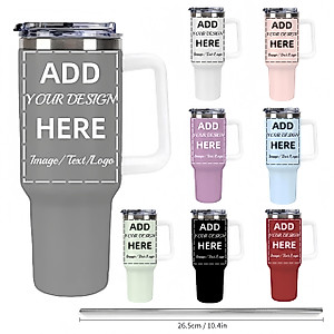 Personalized Tumbler with Handle|Custom Coffee Tumbler with Lid and Straw|Design Your Own Text/Photo Car Cup Holder|Stainless Steel Cup for Gym/Work/Travel Mug Gift for Women&Men(40oz)