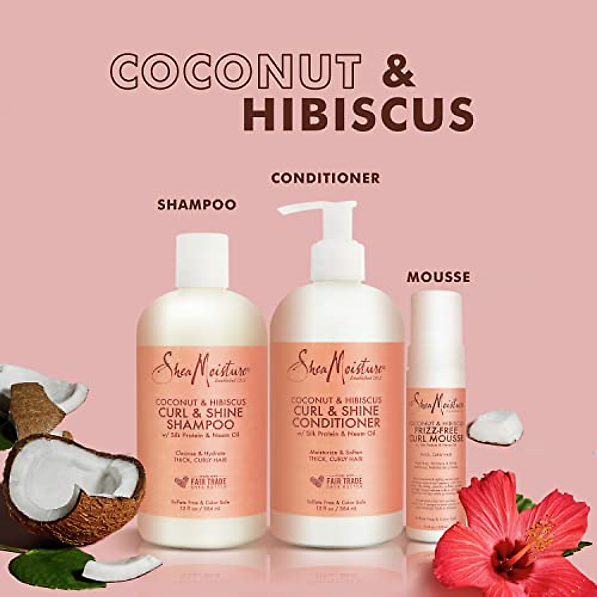 SheaMoisture Curl and Shine Shampoo and Conditioner, and Hair Mousse For Curly, Frizzy Hair Coconut and Hibiscus Sulfate Free Shampoo and Conditioner, Anti-Frizz Hair Products