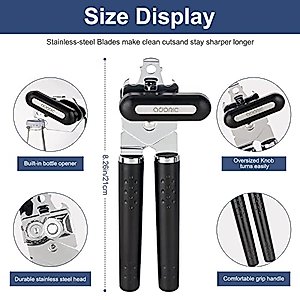 Can Opener, Can Opener Manual with Stainless Steel Sharp Blade - Smooth Edge & Ultra Sharp, Multifunctional Heavy Duty Handheld Can Opener with Anti-slip Hand Grip & Large Turning Knob (Black)