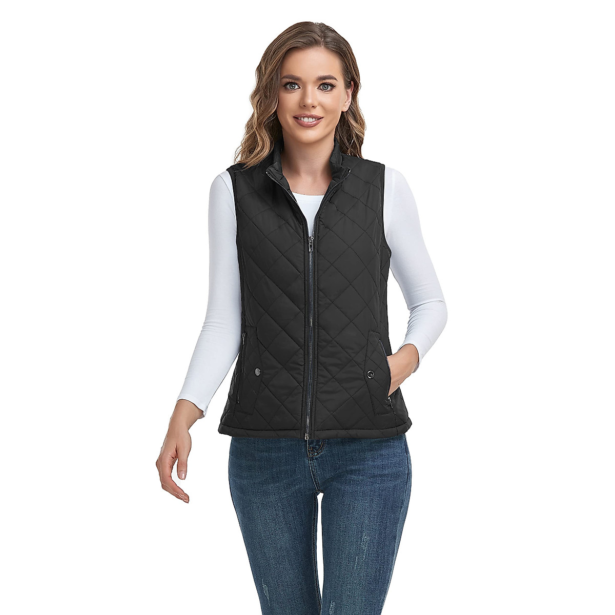 LONGKING 2025 Upgraded, Women's Outwear Vest With One Inner Pocket - Stand Collar Lightweight Zip Quilted Vest for Women