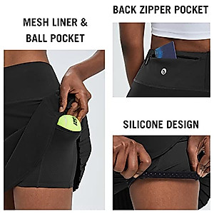 BALEAF Women's Pleated Tennis Skirts High Waisted Lightweight Athletic Golf Skorts Skirts with Shorts Pockets Black Medium