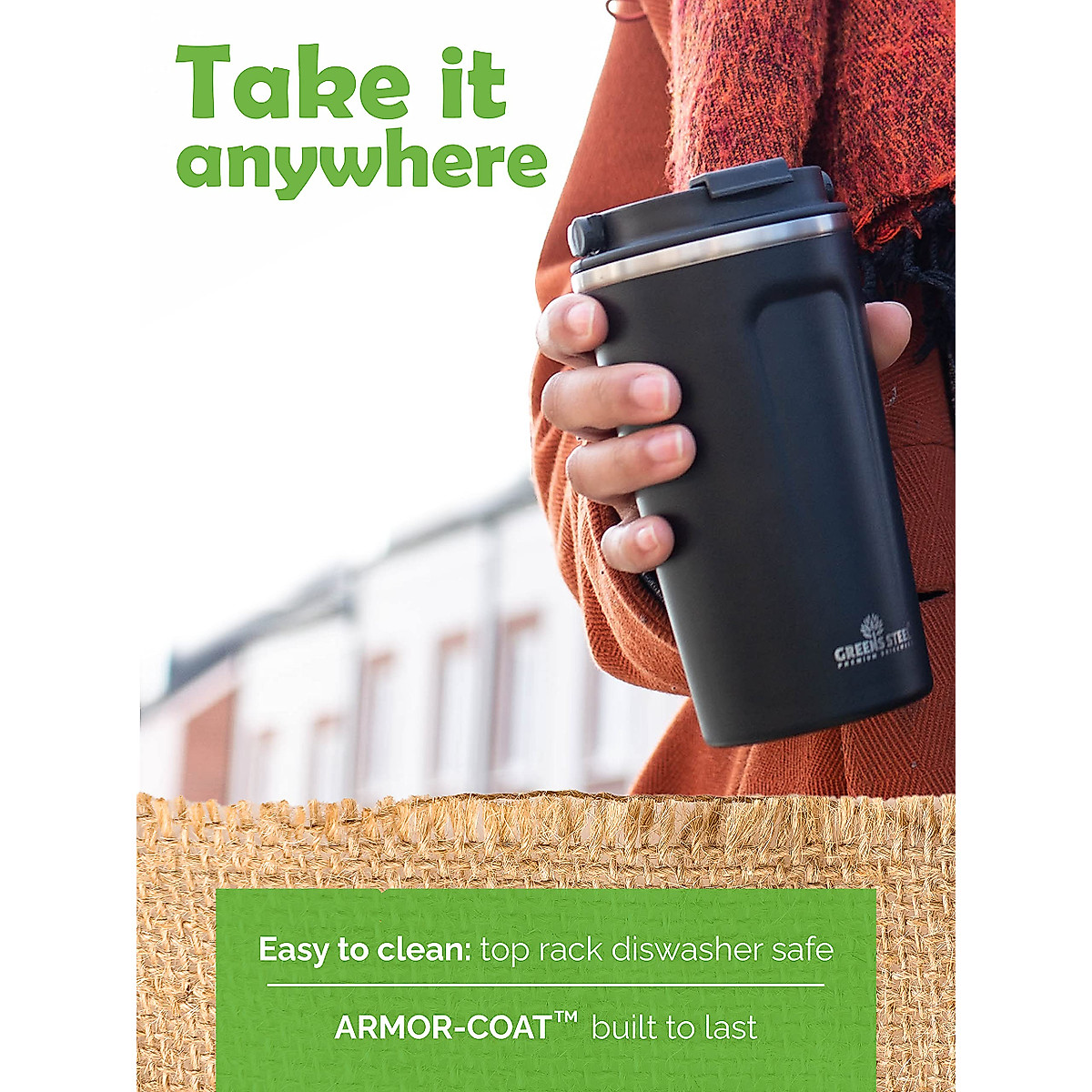 Reusable Coffee Cup with Lid and Handle - Stainless Steel Insulated Coffee Mug for Hot & Cold Drinks - Ideal Travel Mugs - 100% Leak-Proof Tumbler - 16 oz Black