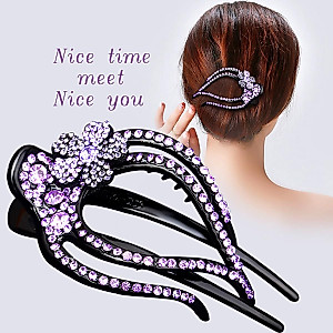 Yusier 4PCS Heart Style Ponytail Duckbill Clips with Headdresses for Women, Flower Rhinestone Barrettes Sparkly Prom Diamond Hair Clips (Plum Blossom)