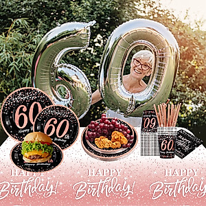 60th birthday decorations for women - (Total 121pcs) rose gold Birthday supplies Plates and Napkins, Cups, Straws, tablecloth, Disposable Tableware for 24 Guests